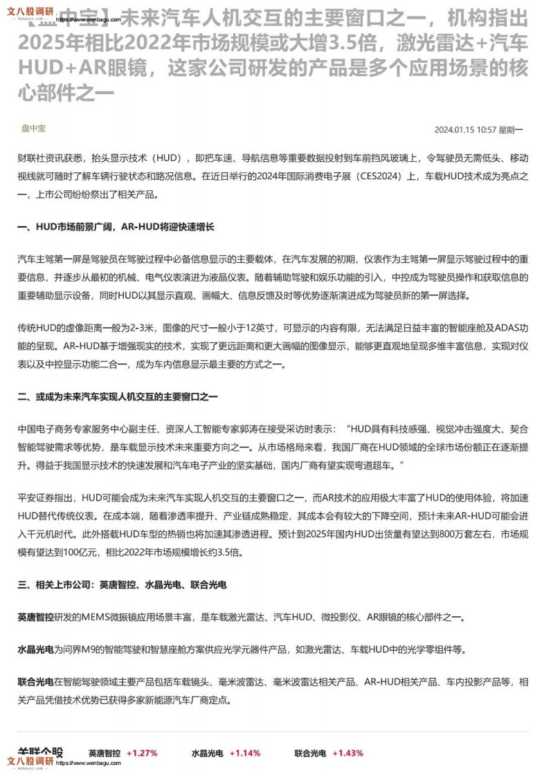 【盘中宝】未来汽车人机交互的主要窗口之一，机构指出2025年相比2022年市场规模或大增3·5倍，激光雷达汽车HUDAR眼镜，这家公司研发的 ...