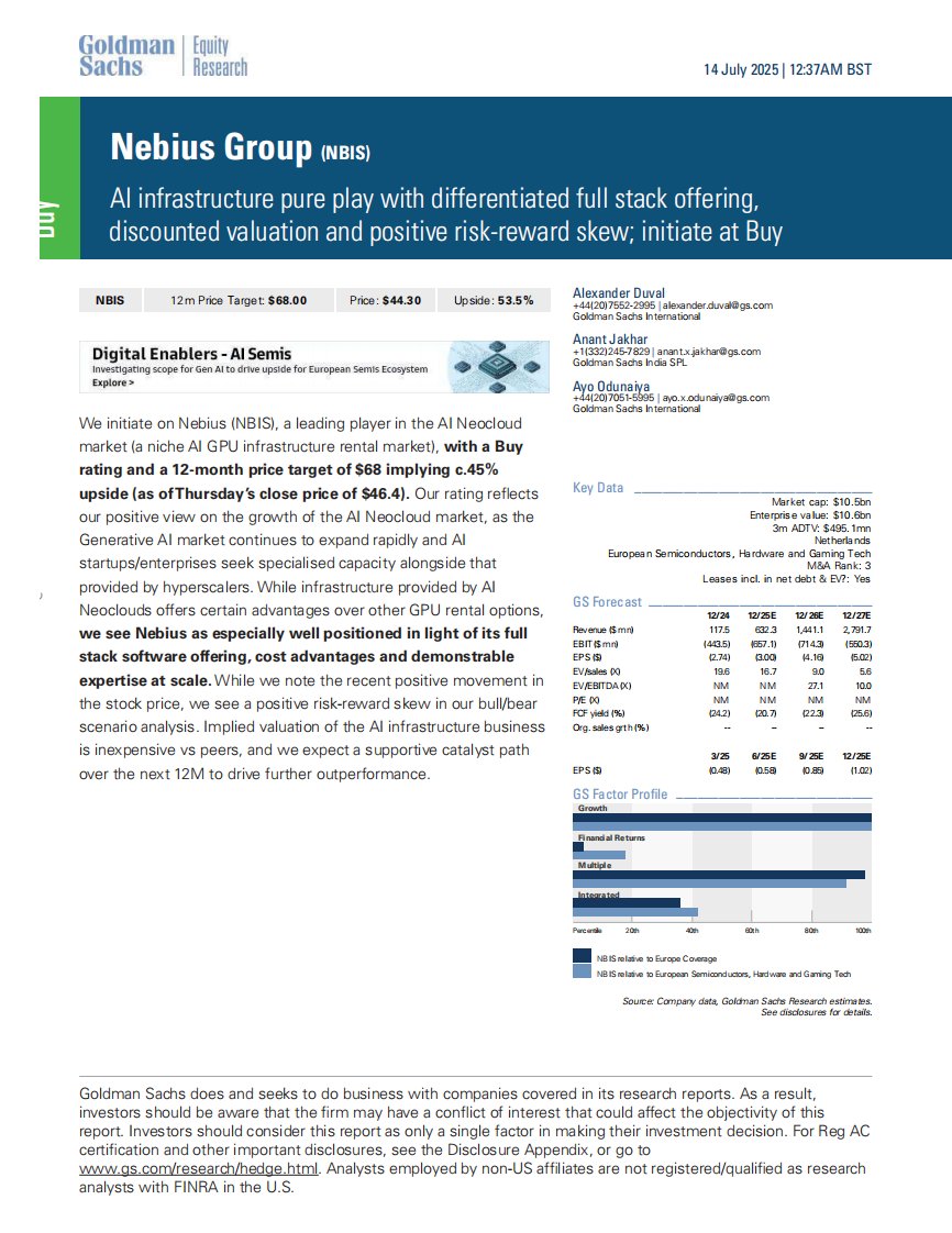 高盛-Nebius集团（NBIS）：AI基础设施纯正标的，提供差异化全栈服务，估值折让且风险收益比积极；首次评级买入-20250814【60页】-价值目录